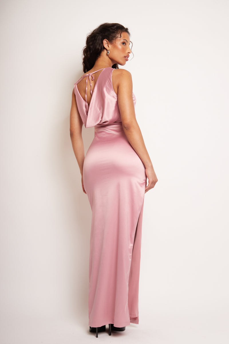 Semika Satin Maxi Off-The-Shoulder Dress in Dusty Pink